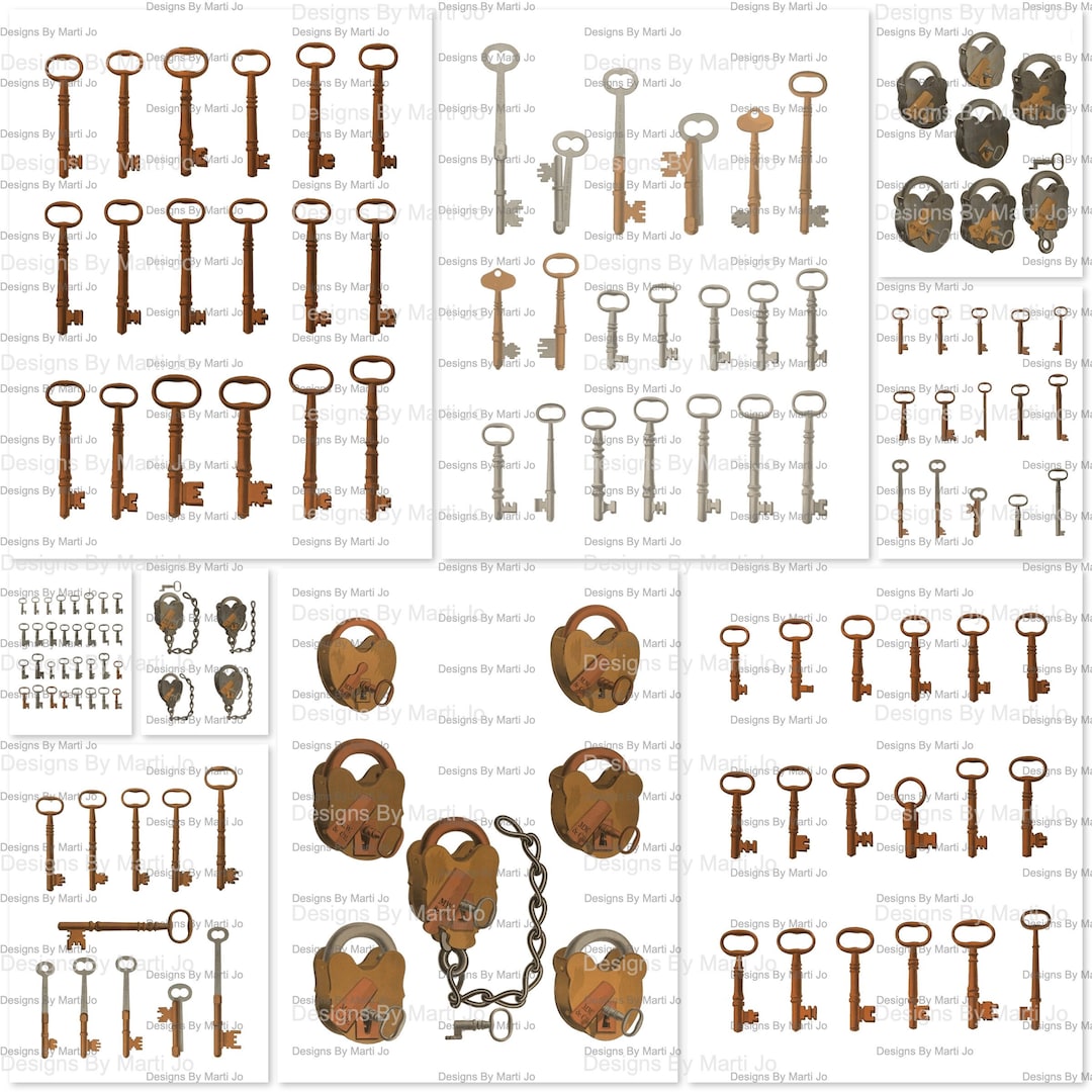 Printable Colored Vintage Locks and Keys | Vintage Padlock and Key Clip ...