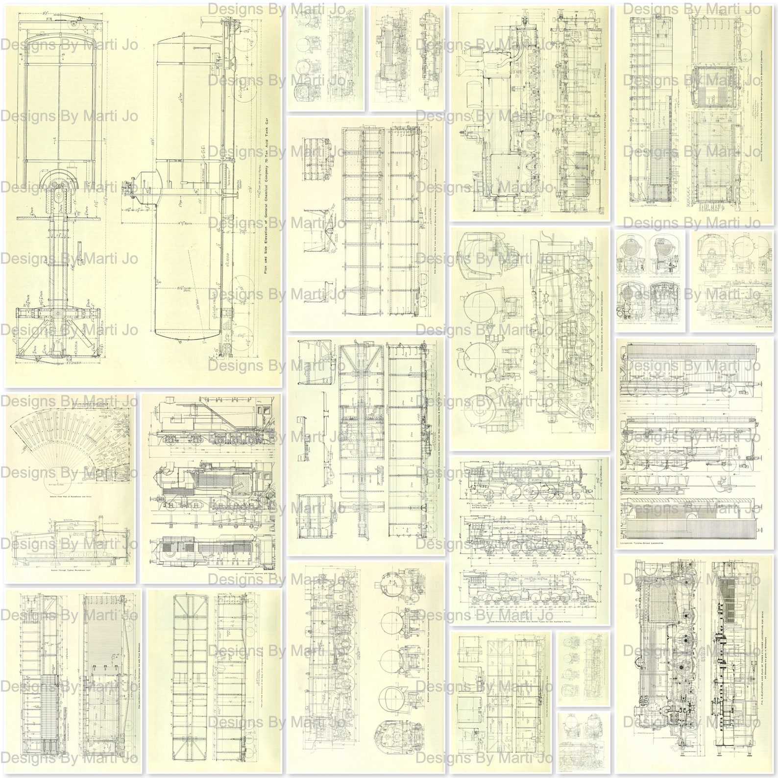 Vintage Train Drawings Paper Set 21 Vintage Printable JPG - Etsy