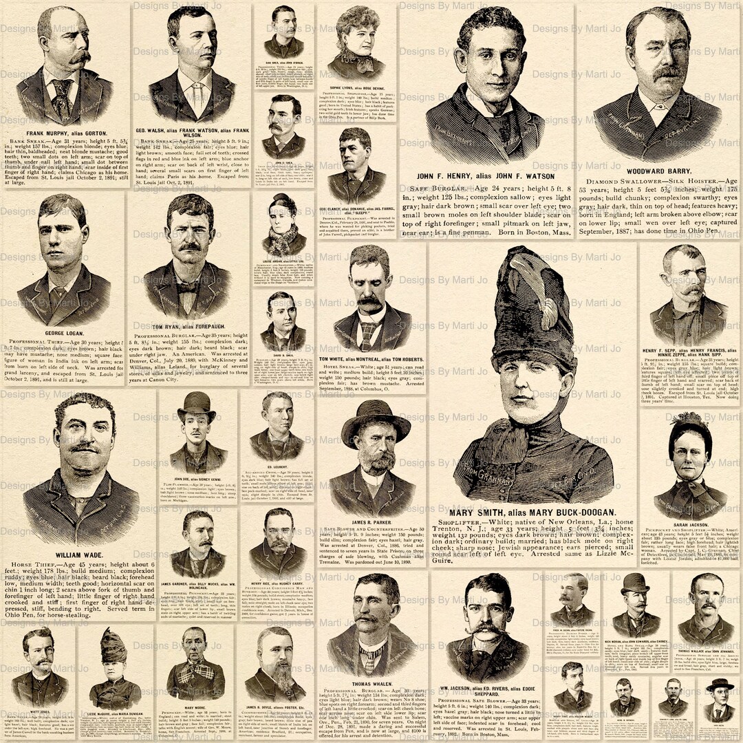 1892 Noted Criminals Profiles PNG Overlays | 35 Vintage Crime Ephemera ...