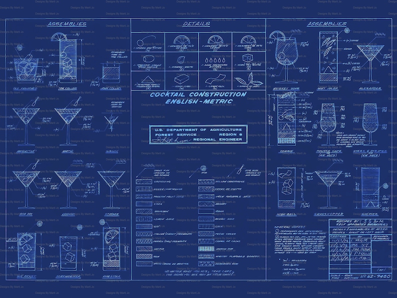Cocktail Blueprint Bar Wall Art Printable 18 X 24 Inch Bar - Etsy