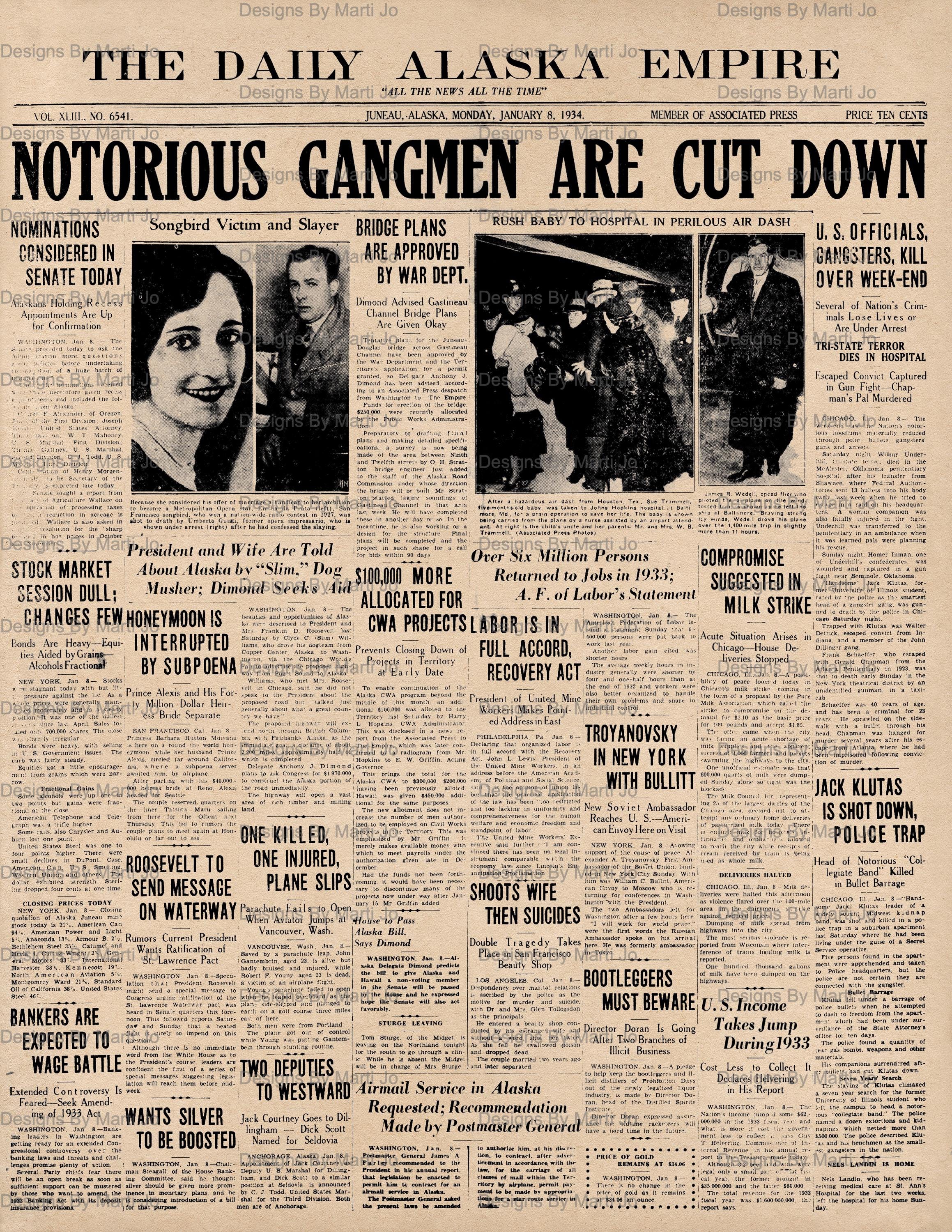 Vintage Newspaper Famous Gangsters Front Page Overlays | 15 8.5 X 11 ...