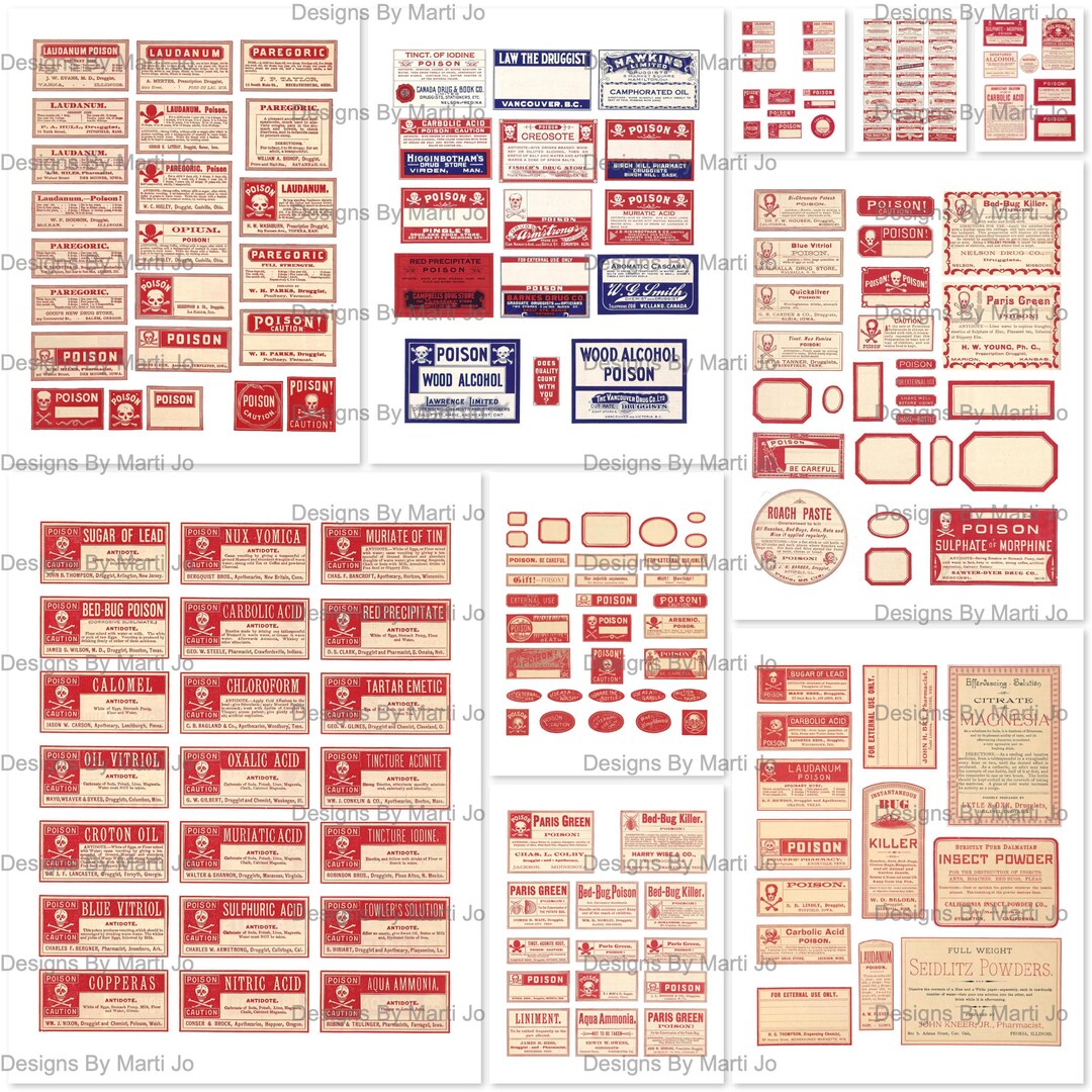 10 Vintage Poison Labels JPG Sheets – Printable Pharmacy & Apothecary ...