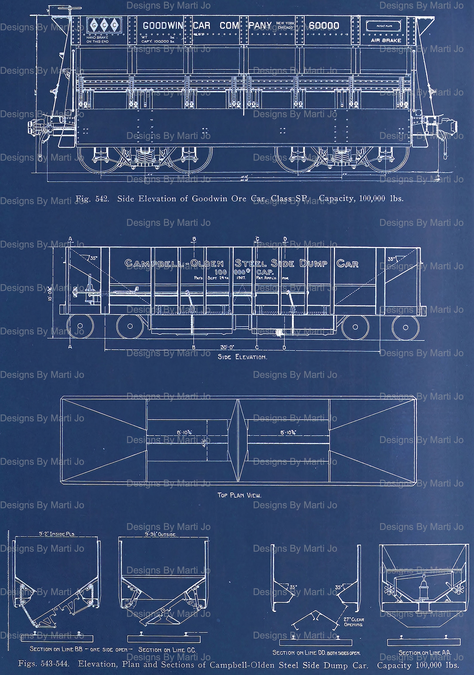 Vintage Train Drawings Blueprint Paper Set 15 Vintage Printable Railcar ...