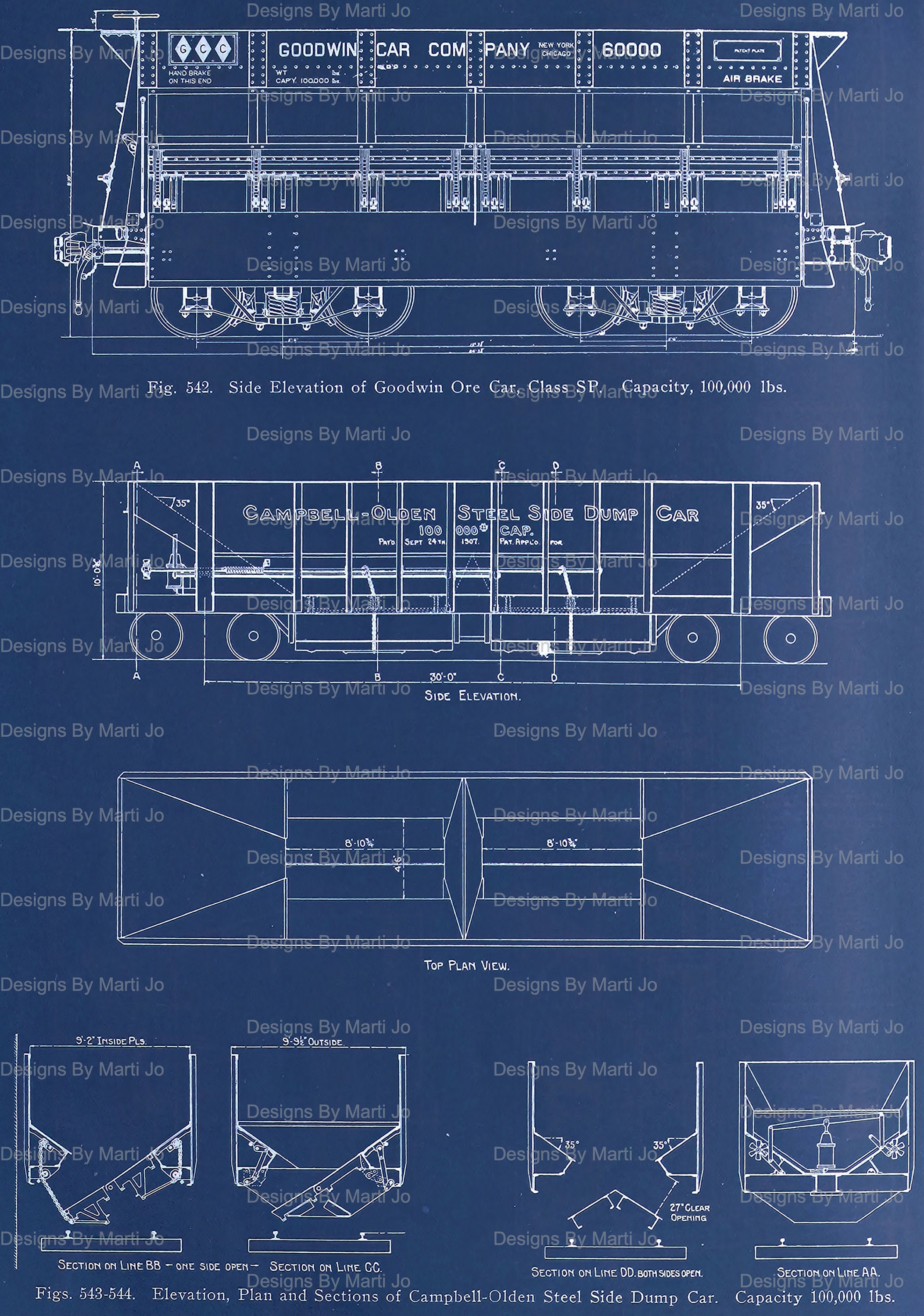 Vintage Train Drawings Blueprint Paper Set | 15 Vintage Printable ...