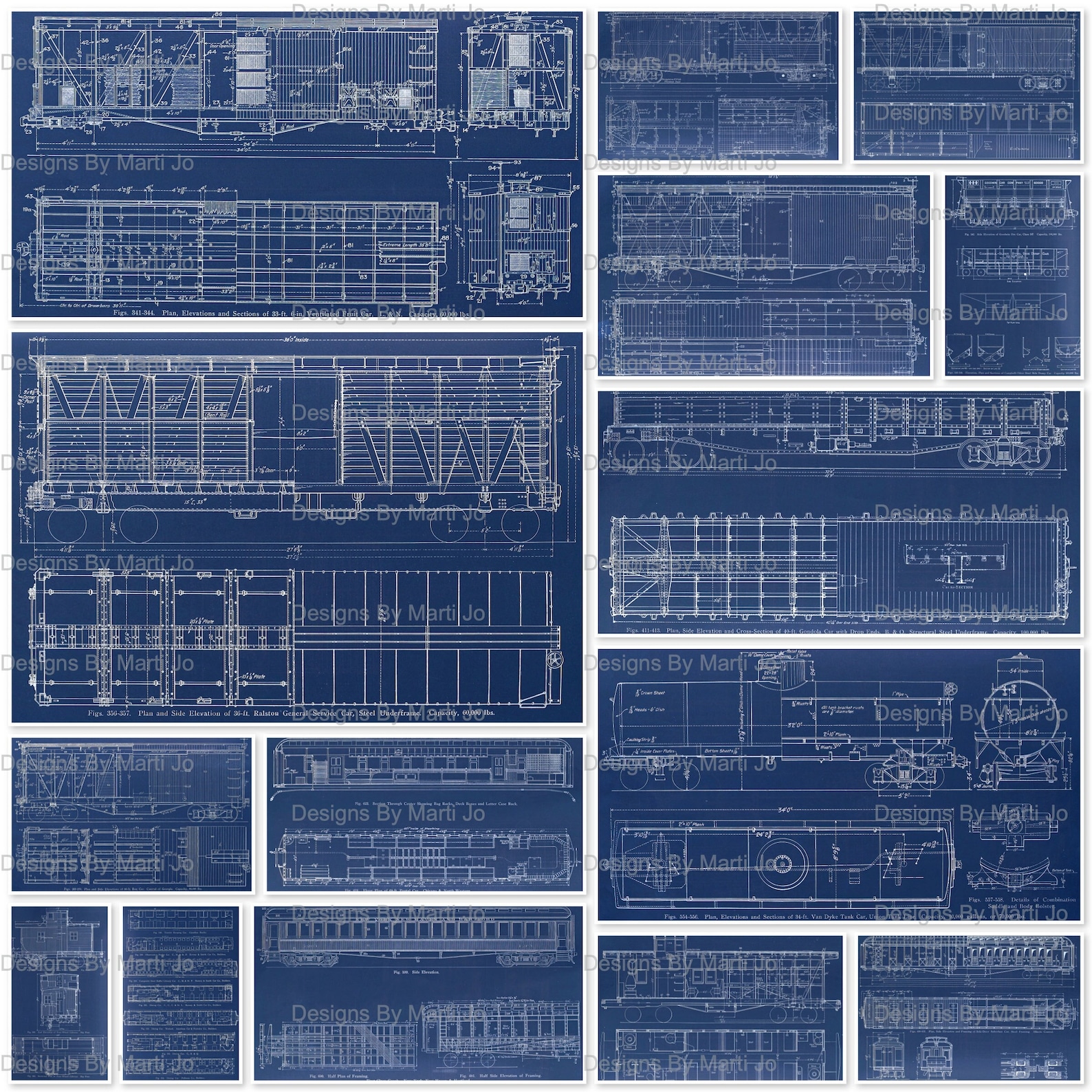 Vintage Train Drawings Blueprint Paper Set 15 Vintage Printable Railcar ...
