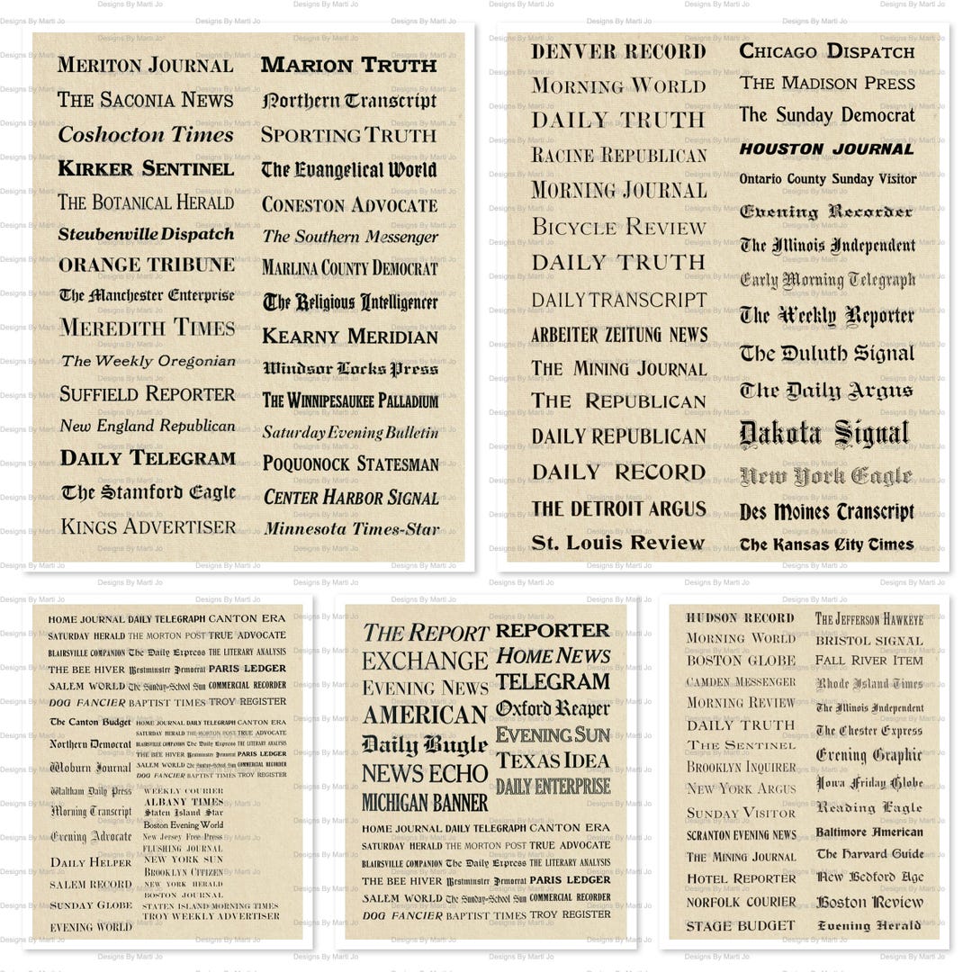Vintage Fictitious Newspaper Mastheads Overlays | Five 8.5 X 11 ...