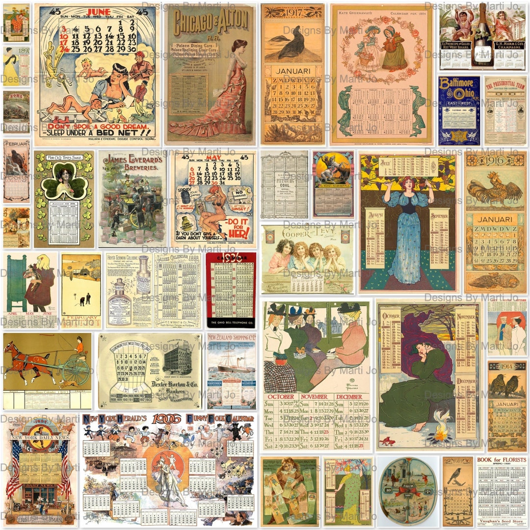 Colorful Set of 38 Vintage Calendars | Printable Old Calendars | Retro ...