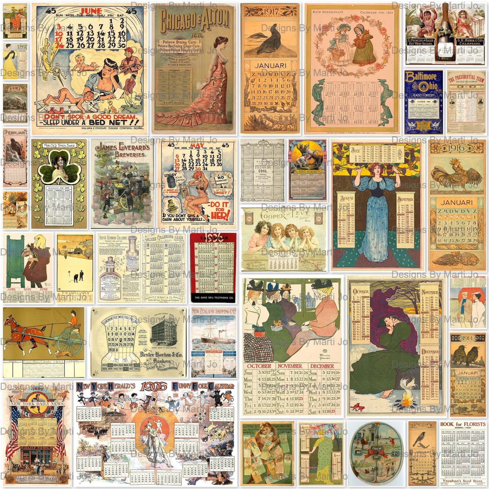 Colorful Set of 38 Vintage Calendars Printable Antique - Etsy