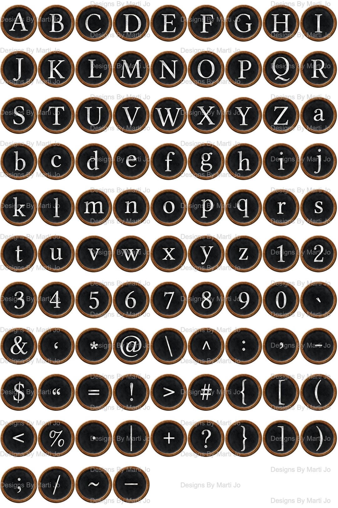 Vintage Typewriter Keys PNG: Printable Black and White Round Keycaps ...