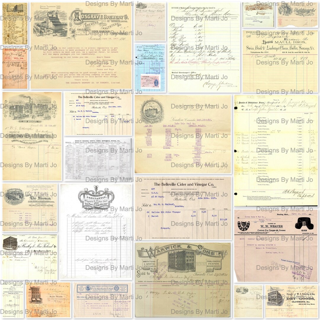 Vintage Receipts and Invoices Digital Kit 2 | Old Business Paperwork ...