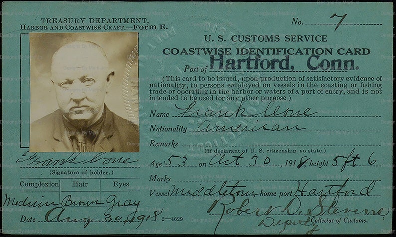 Vintage U.S. Customs Coastwise Identity Cards Set 1 | 50 Printable ...
