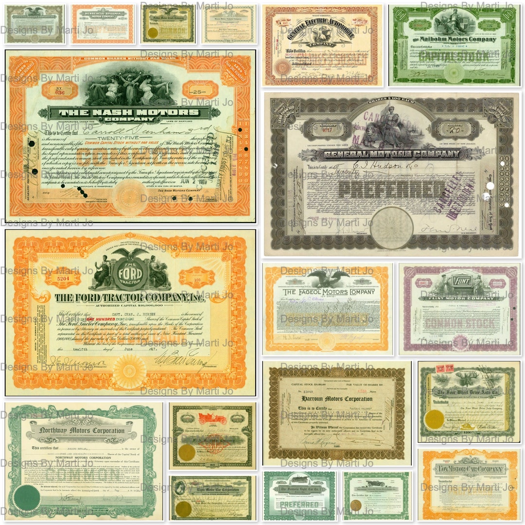 Vintage Automobile Stock Certificates Set 2 | 19 Antique Shares ...