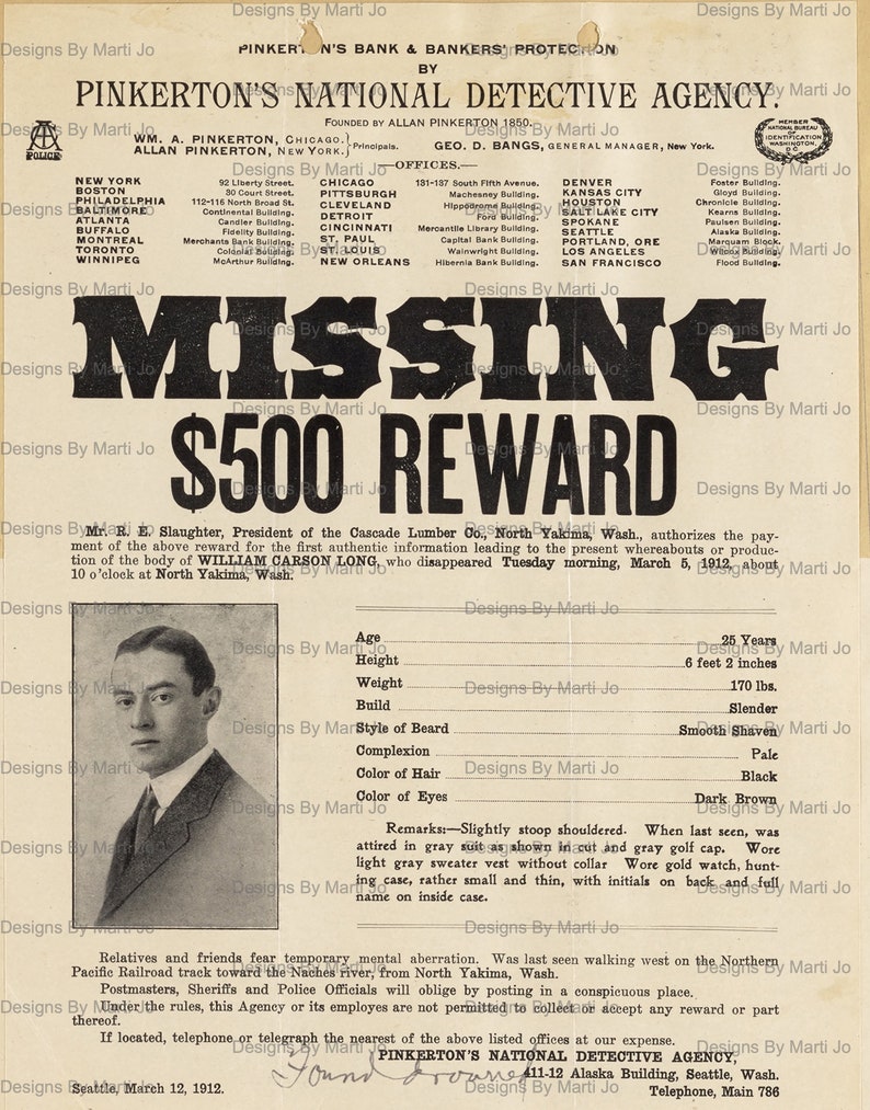 Vintage Missing Person Reward Posters | 50 Printable Jpgs | True Crime ...
