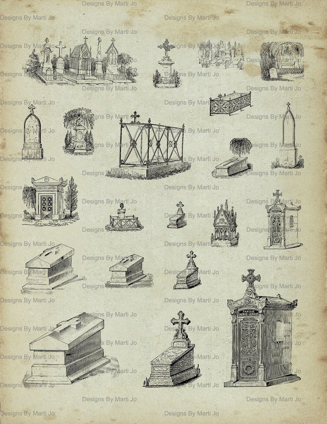 Vintage Cemetery Clipart Elements | Three 8.5 X 11 Inch Funeral Related ...