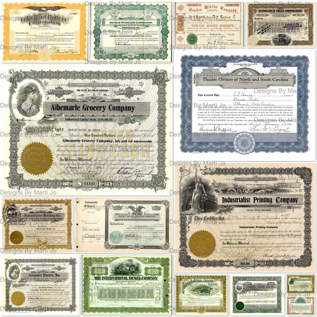 Vintage Stock Certificates Set 4 | Vintage Stock Market Shares ...