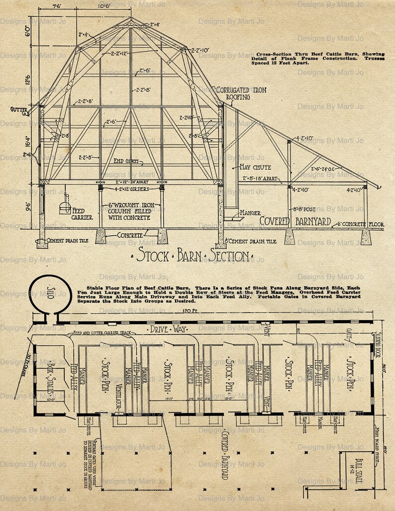 Vintage Barn Architecture Drawings PNG Overlays | 20 Vintage ...