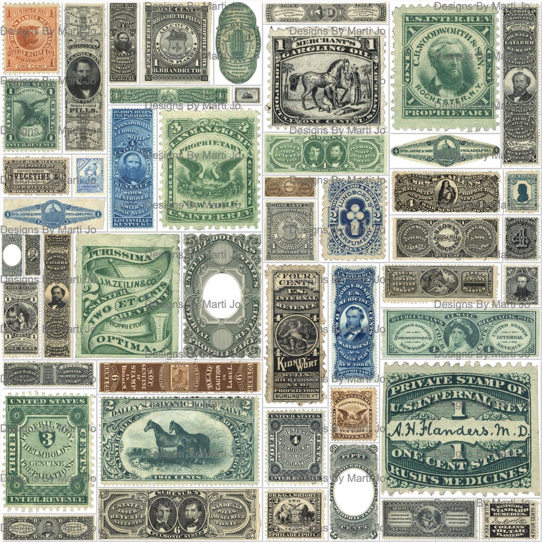 Vintage Product Revenue Stamps Clip Art | 50 Printable Tax Stamps PNG ...