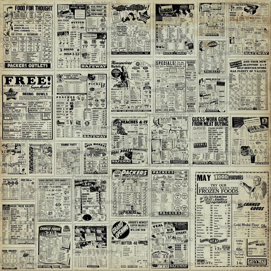 Vintage WW2 Era Newspaper Grocery Ads PNG Overlays | 35 Vintage Collage ...