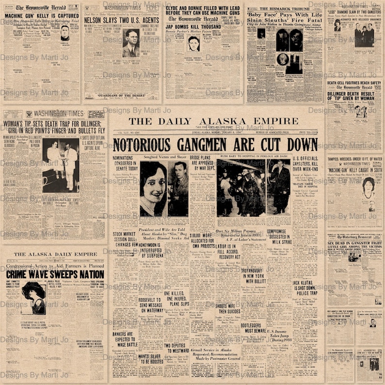 Vintage Newspaper Famous Gangsters Front Page Overlays | 15 8.5 X 11 ...