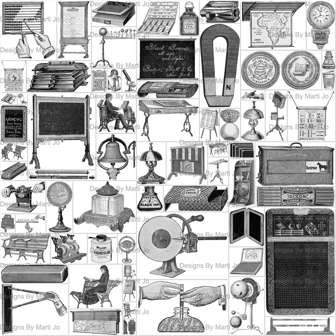 Vintage School Supplies Clipart | 70 Printable Schoolhouse Pngs | BONUS ...