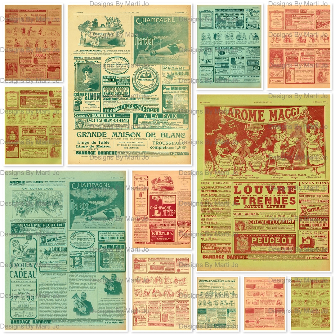 Vintage French Ads Paper Set | 12 Colorful Vintage French ...