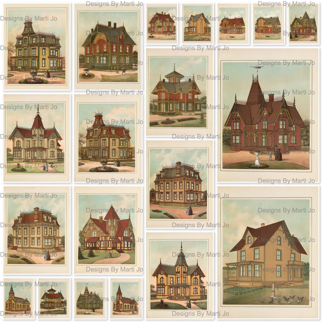 Vintage House Prints | 20 Antique Houses Artwork | Retro House Art ...