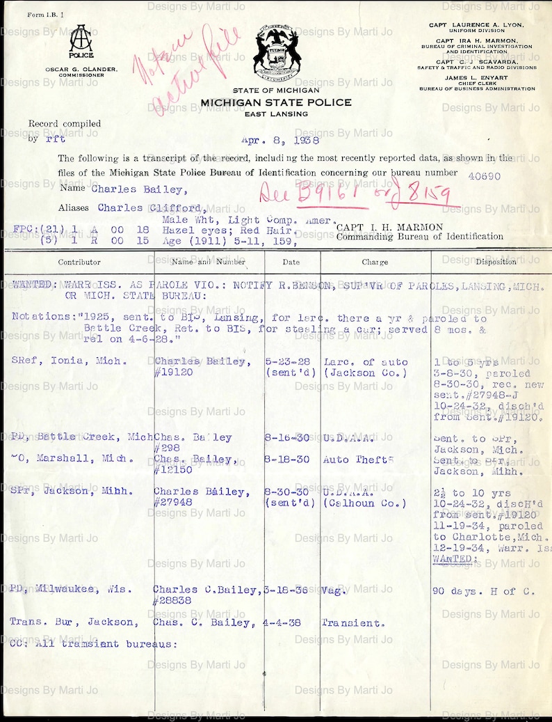 Vintage 1930's Criminal Police Report Sheets | 45 Criminal Rap Sheets ...