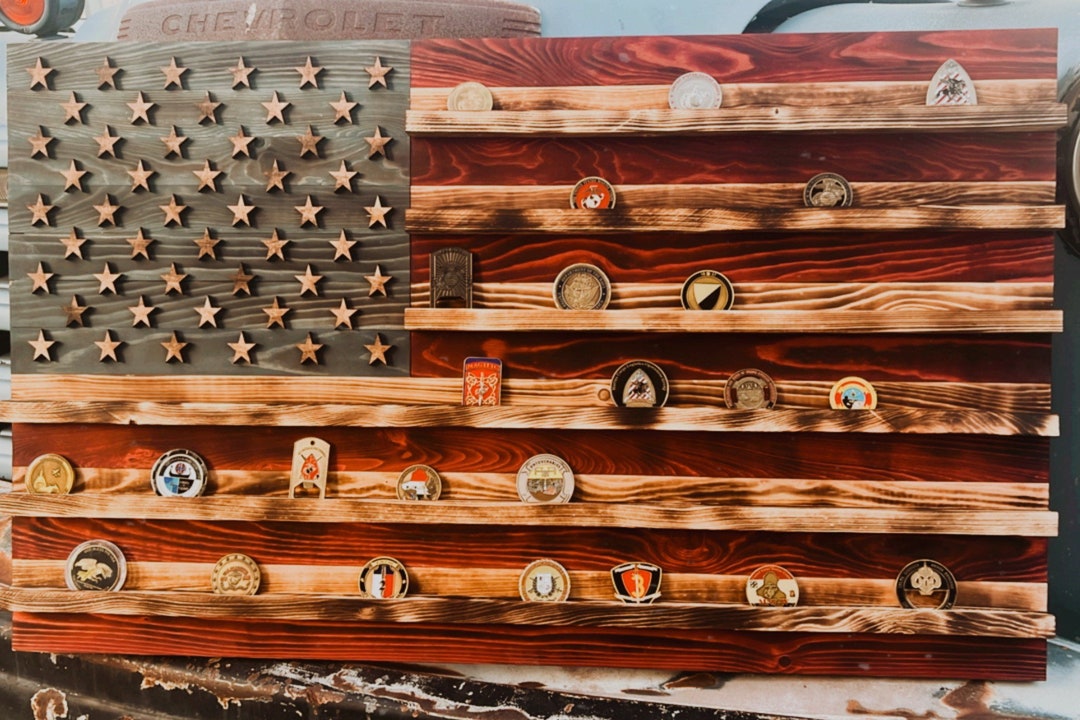 Rustic American Flag Coin Holder, Military Coin Holder, Flag Wall Art ...