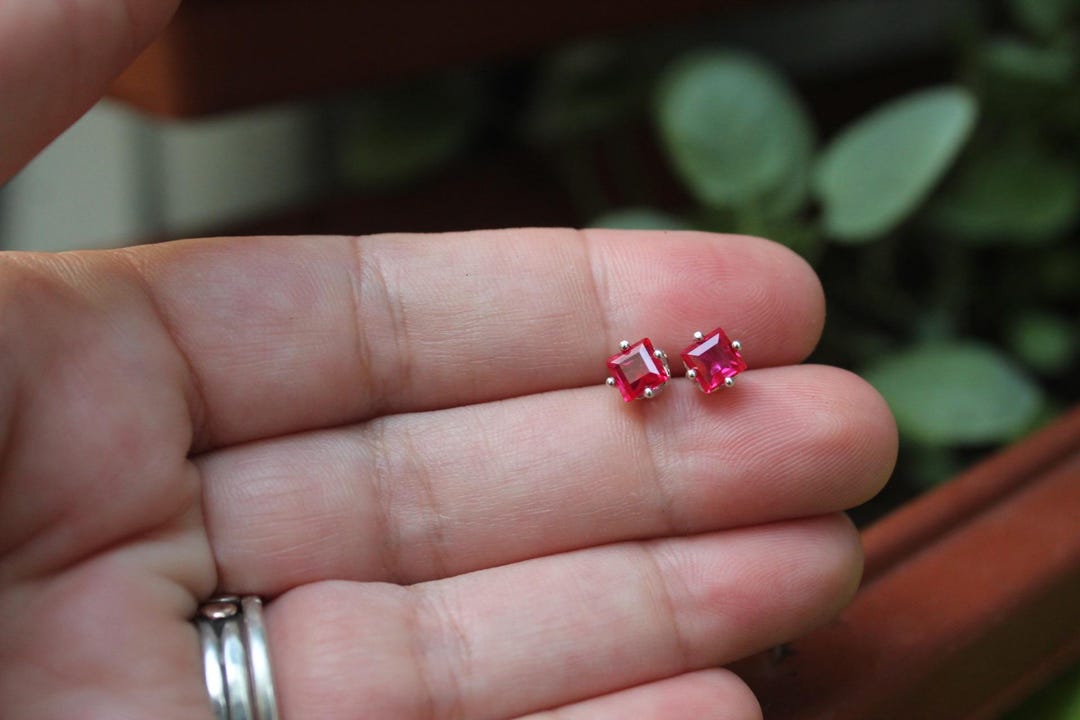 Ruby Princess Cut Sterling Silver Stud Earrings - Etsy