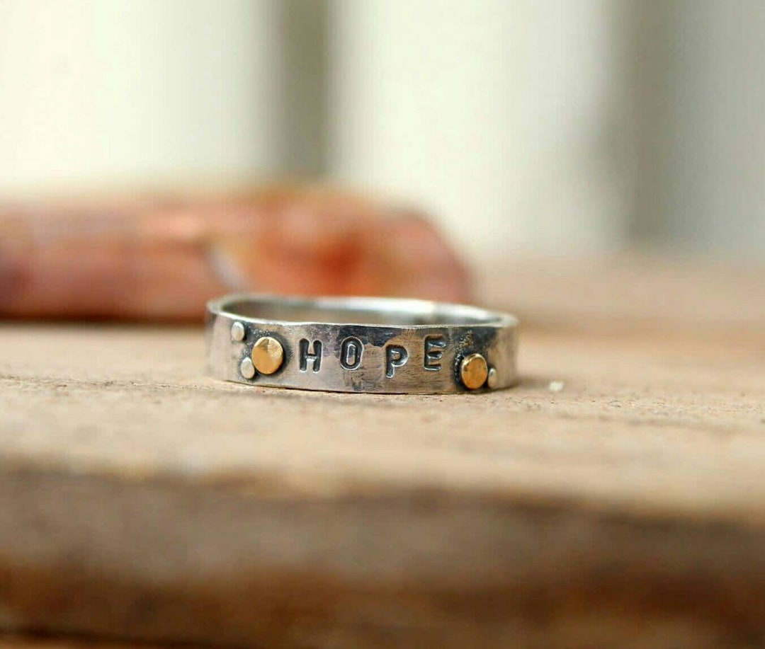 Hope Sterling Silver and 14k Gold Hammered Band Ring - Etsy