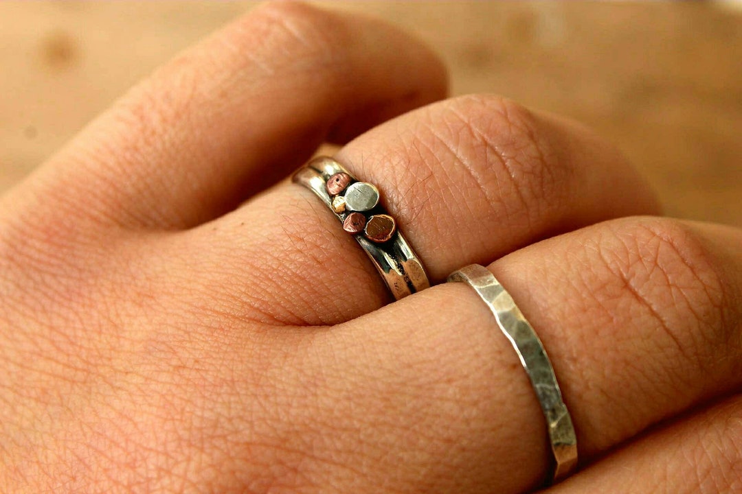 Pebble Mixed Metal Band Rings - Etsy