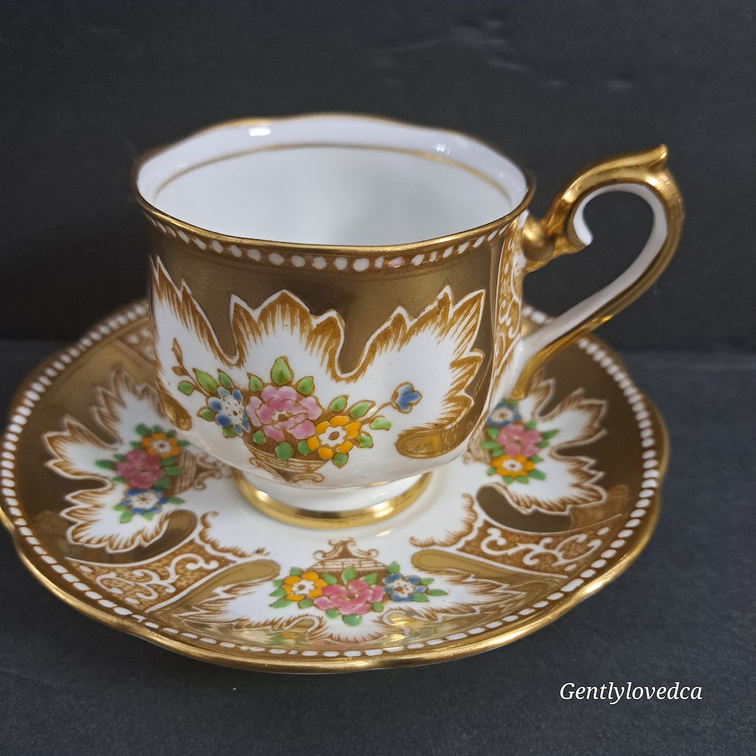 Vintage Royal Albert 1930s Royalty Pattern Demitasse and Saucer Set, Textured Enameled Gold and ...