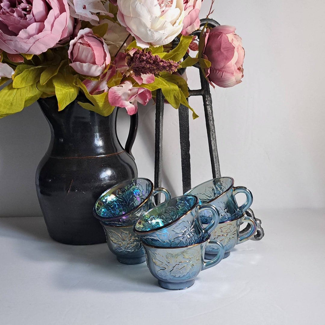 Vintage Iridescent Blue Indiana Glass Co Grape Harvest Set of 6 Glass ...