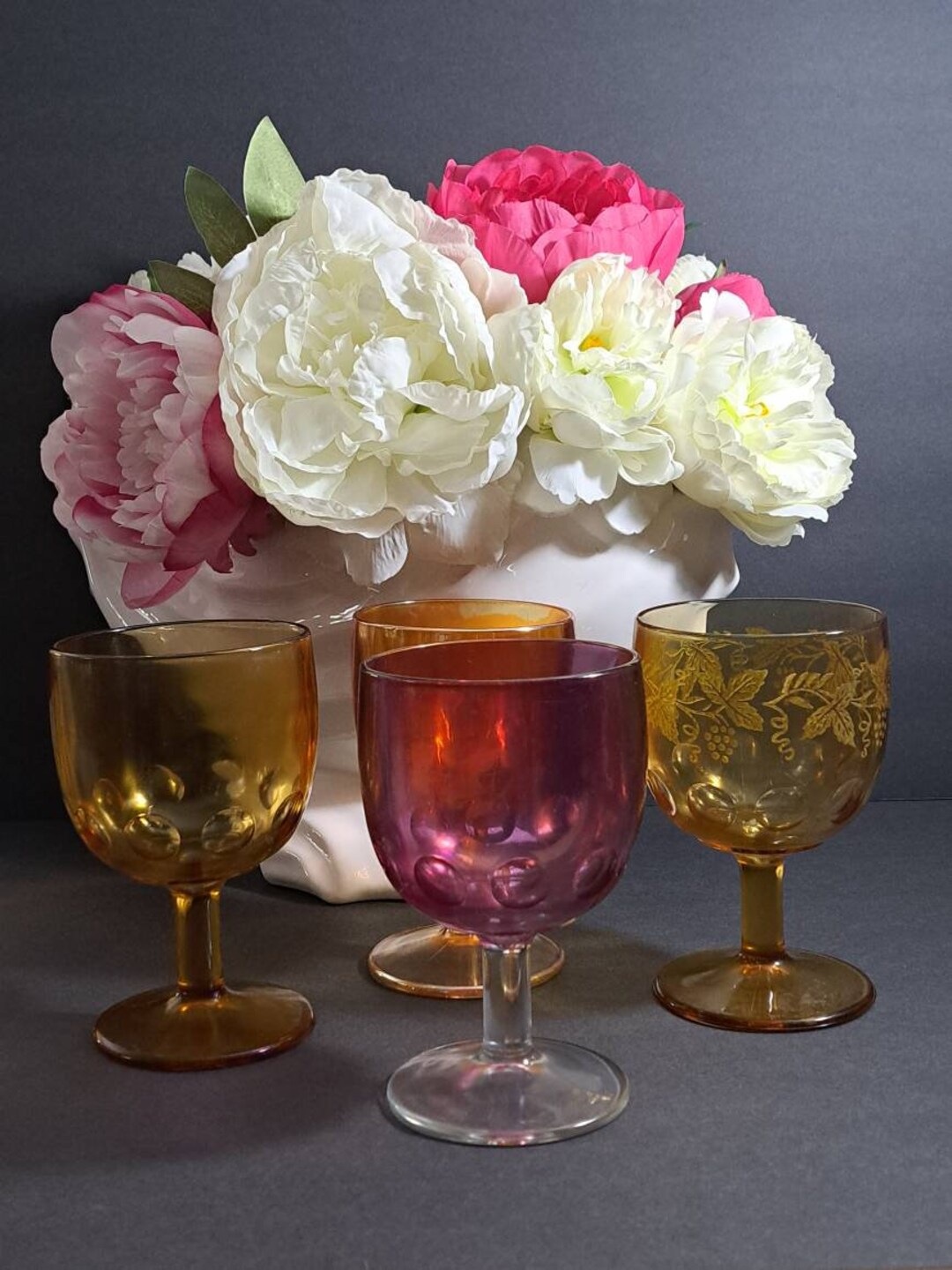 Vintage Indiana Glass Thumbprint Goblets: Amber & Cranberry Iridescent ...
