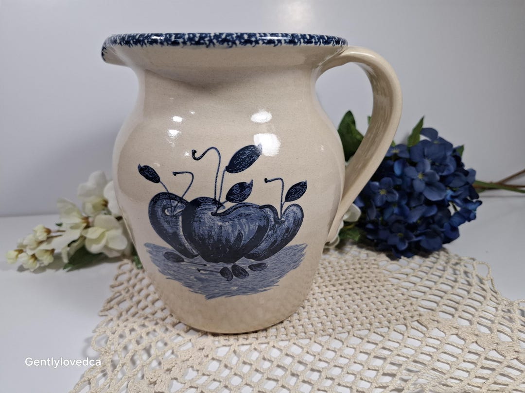 Vintage Casey Pottery Pitcher: Blue Apples, Sponged Rim, Marshall Texas ...