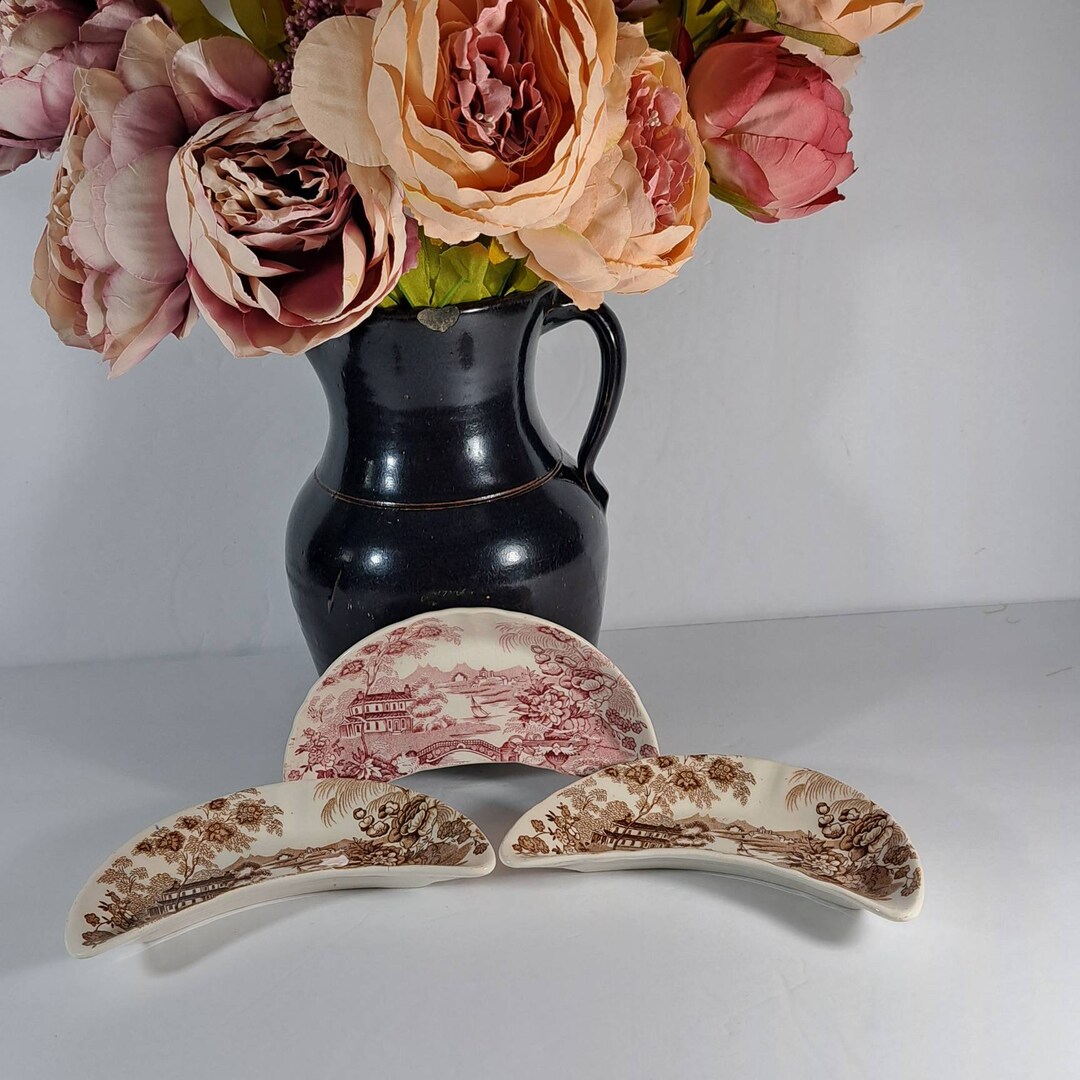 Vintage Crown Devon Half Moon Dishes: Pink & Brown Transferware Set - Etsy