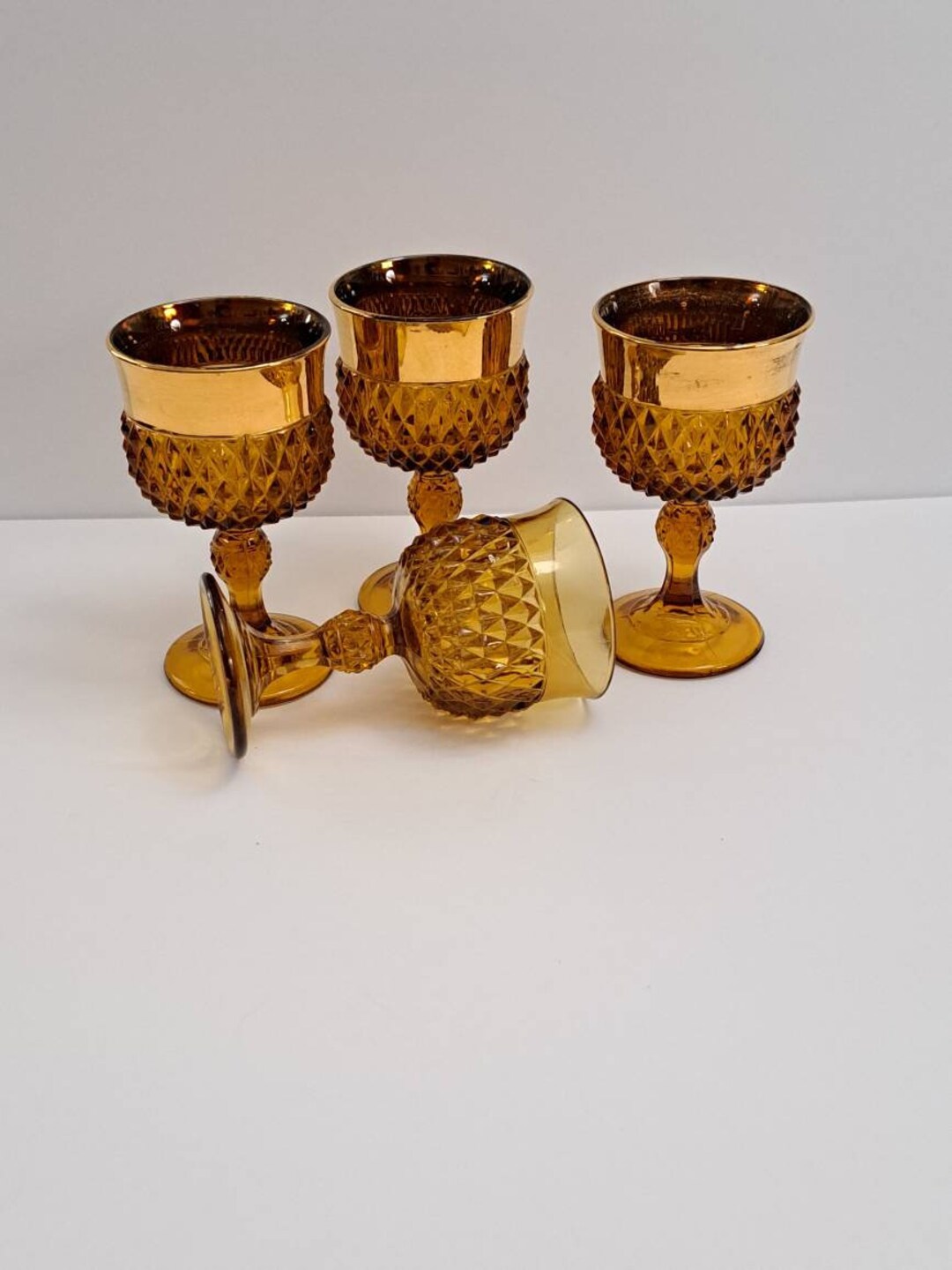 Vintage Amber Dimond Cut Glass Wine /water Goblets, Vintage Glass ...