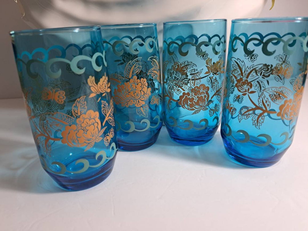 Vintage Juice Glasses, Blue and Peach Flowers, Vintage Drinkware, Set ...