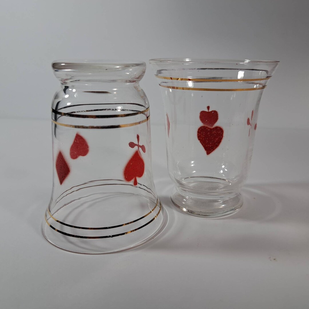 Vintage Swanky Swig Glass Set, Bohemian Playing Card Design, Gold Bands ...