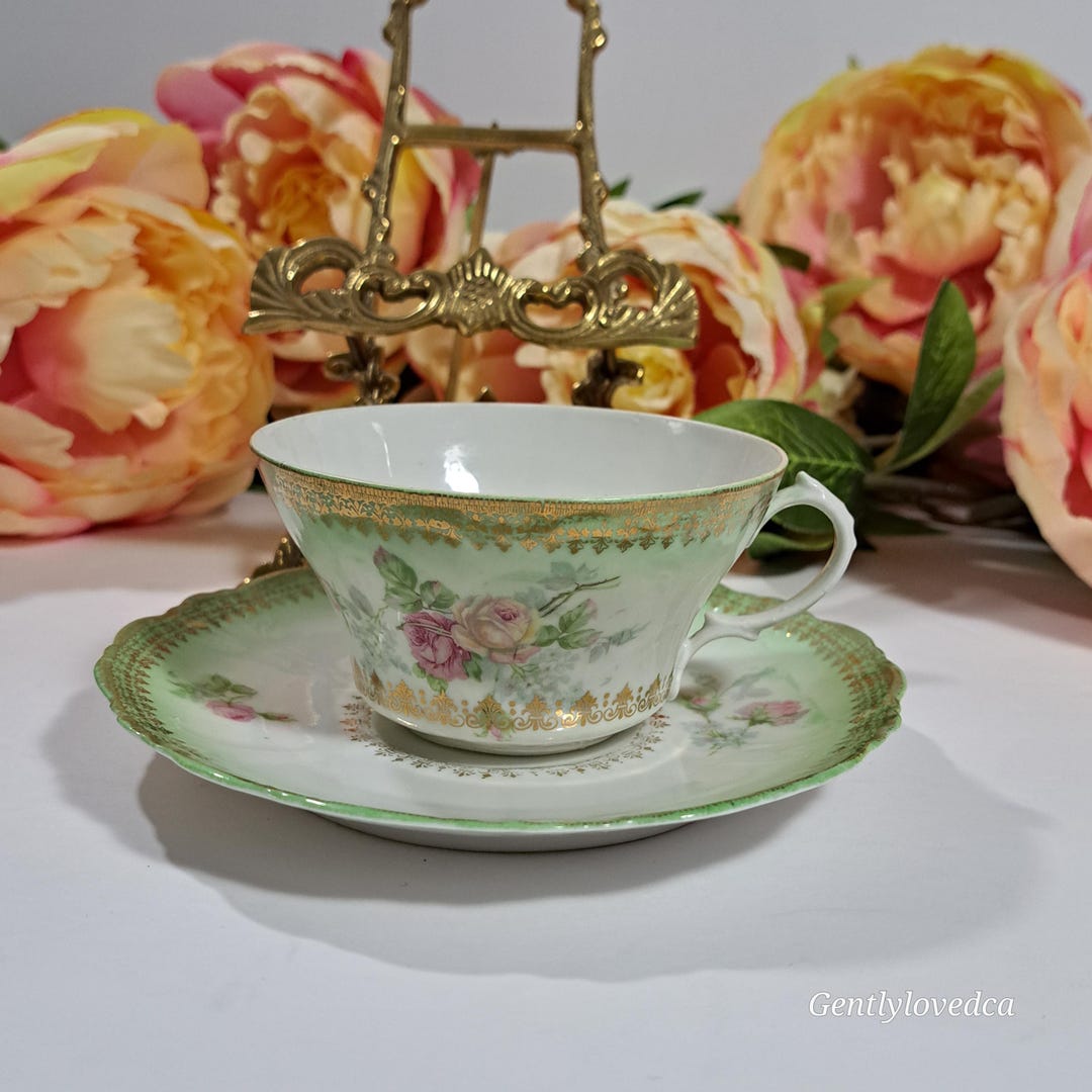 European Flat Teacup and Saucer, Made in Austria, Mint Ombre With Pink ...