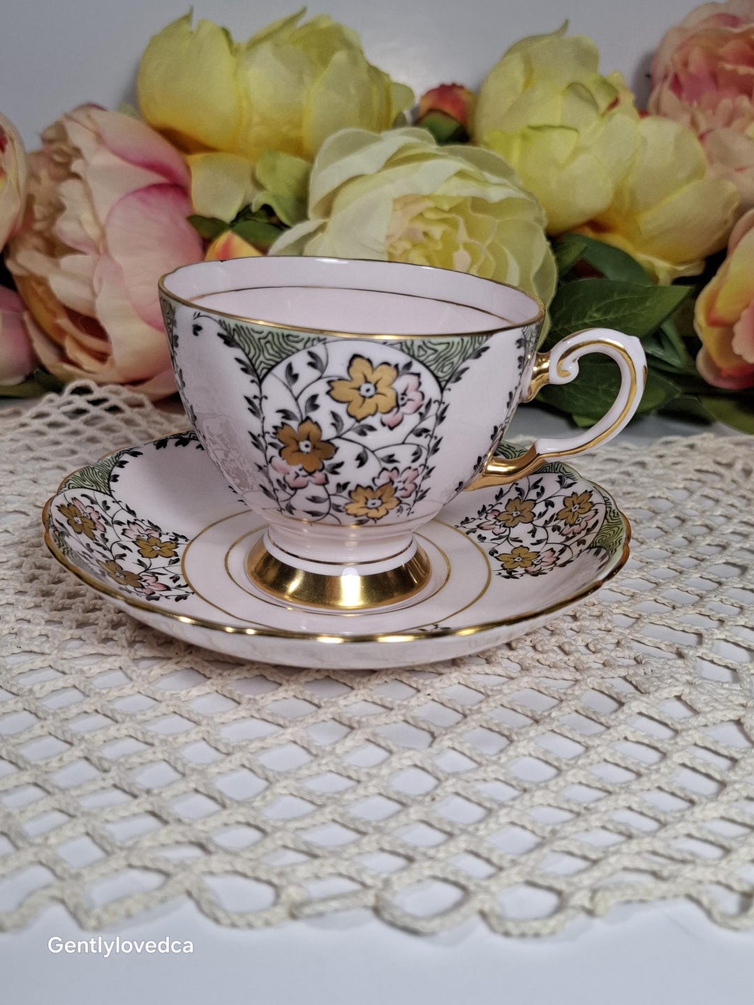 Vintage Tuscan Tea Cup and Saucer, Pastel Pink Floral, Gold Trim, Made ...