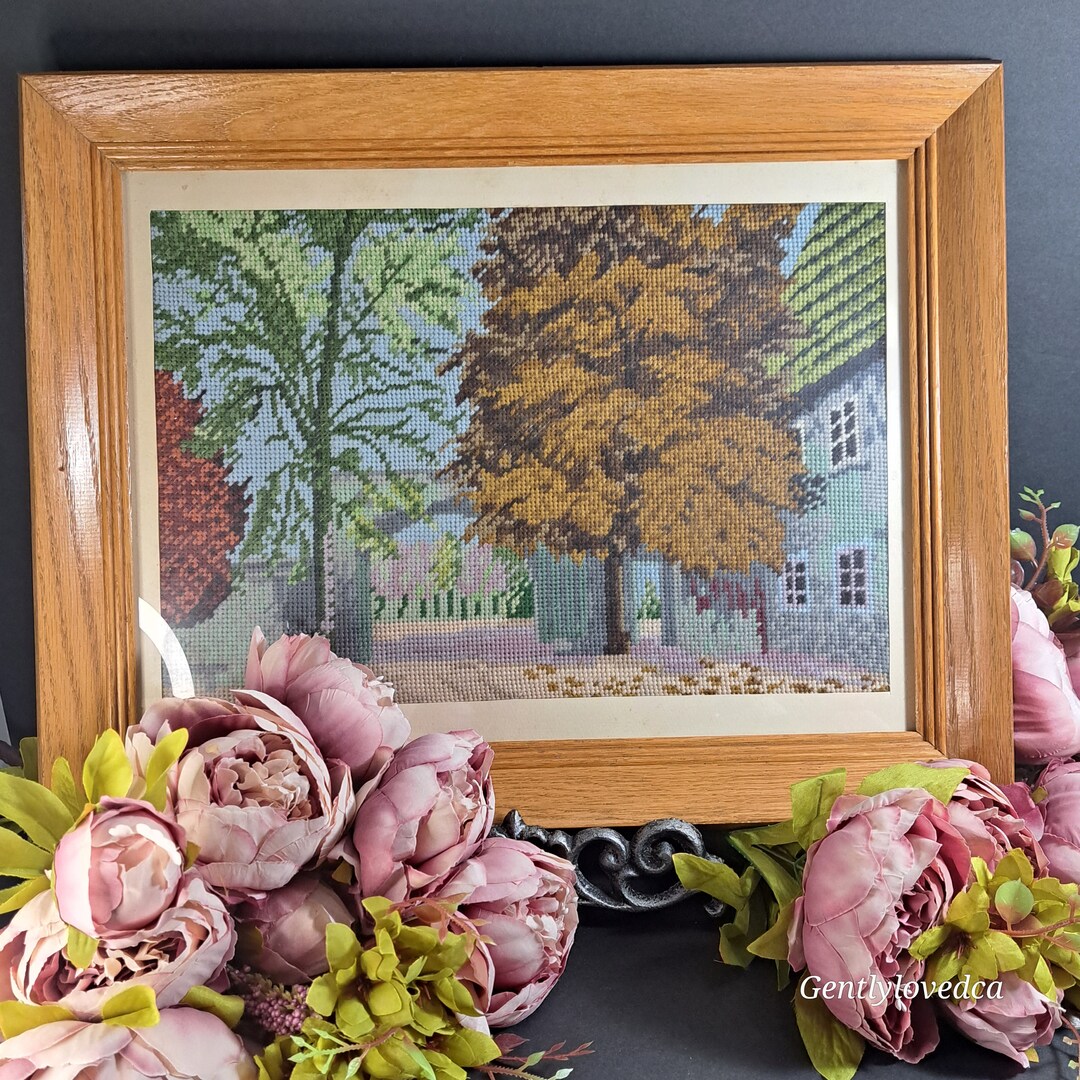 Vintage Heavy Wooden Framed Cross Stitch Building With Fall Trees ...