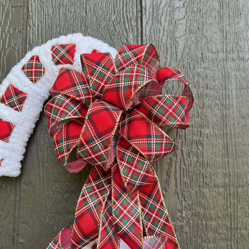 Candy Cane Christmas Wreath: Red Plaid Bow, Holiday Door Hanger - Etsy