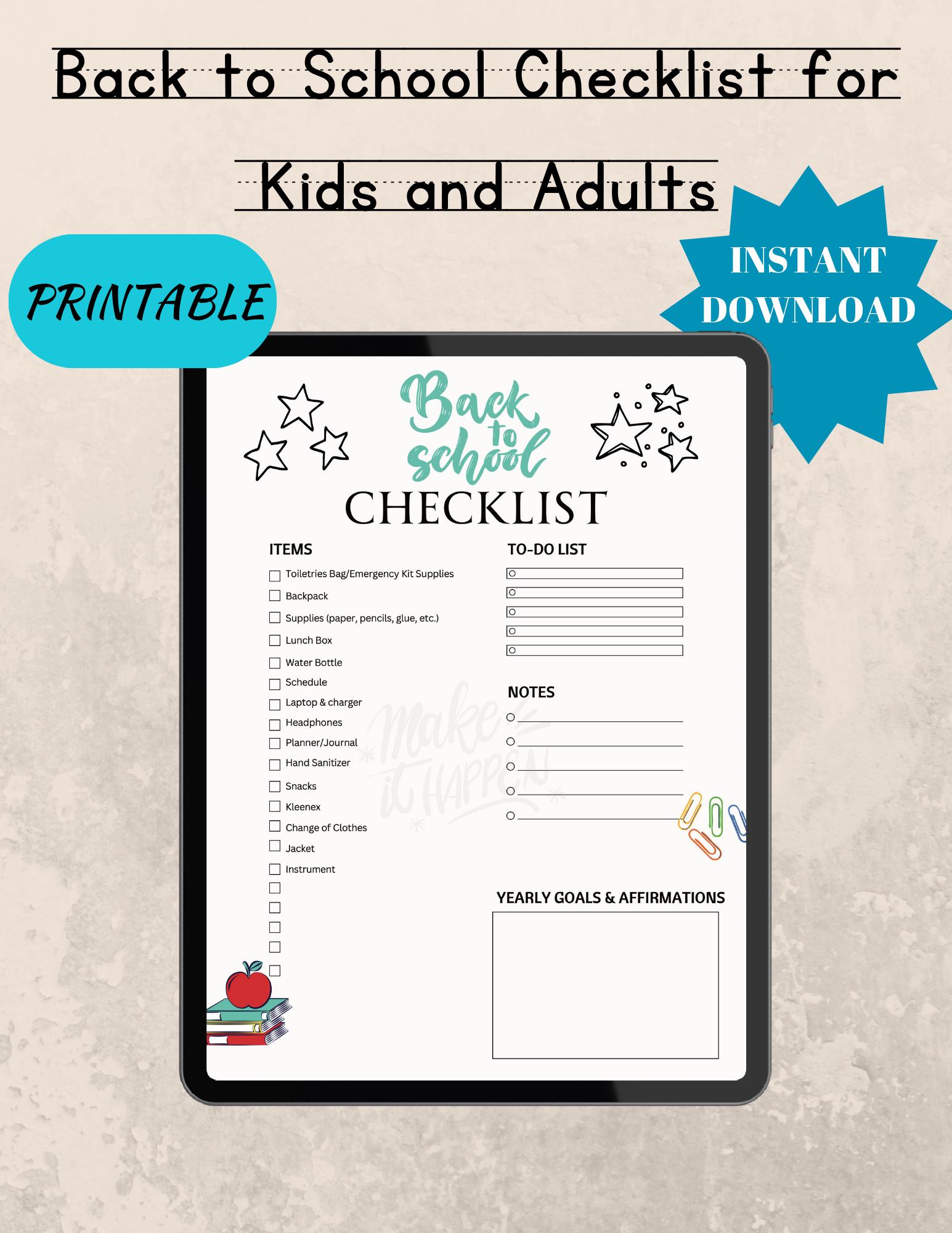 2024 Back to School Checklist for Kid & Parent, School Planner, Back to ...