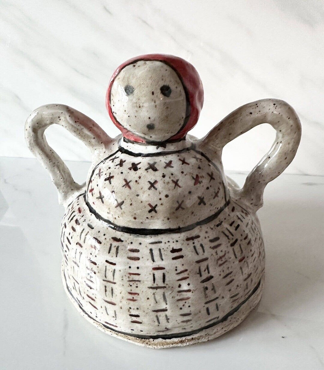 Handmade POTTERY COVERED DOME Cheese / Butter Lady Folk Art Lid Glazed ...