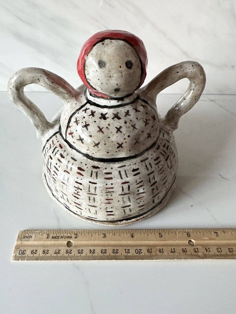 Handmade POTTERY COVERED DOME Cheese / Butter Lady Folk Art Lid Glazed ...