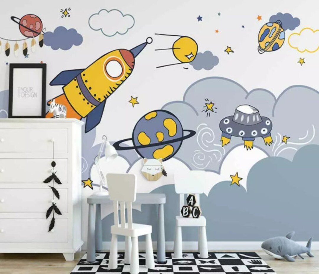 Cartoon Rocket Space Wallpaper: Peel and Stick, Removable Wall Art - Etsy