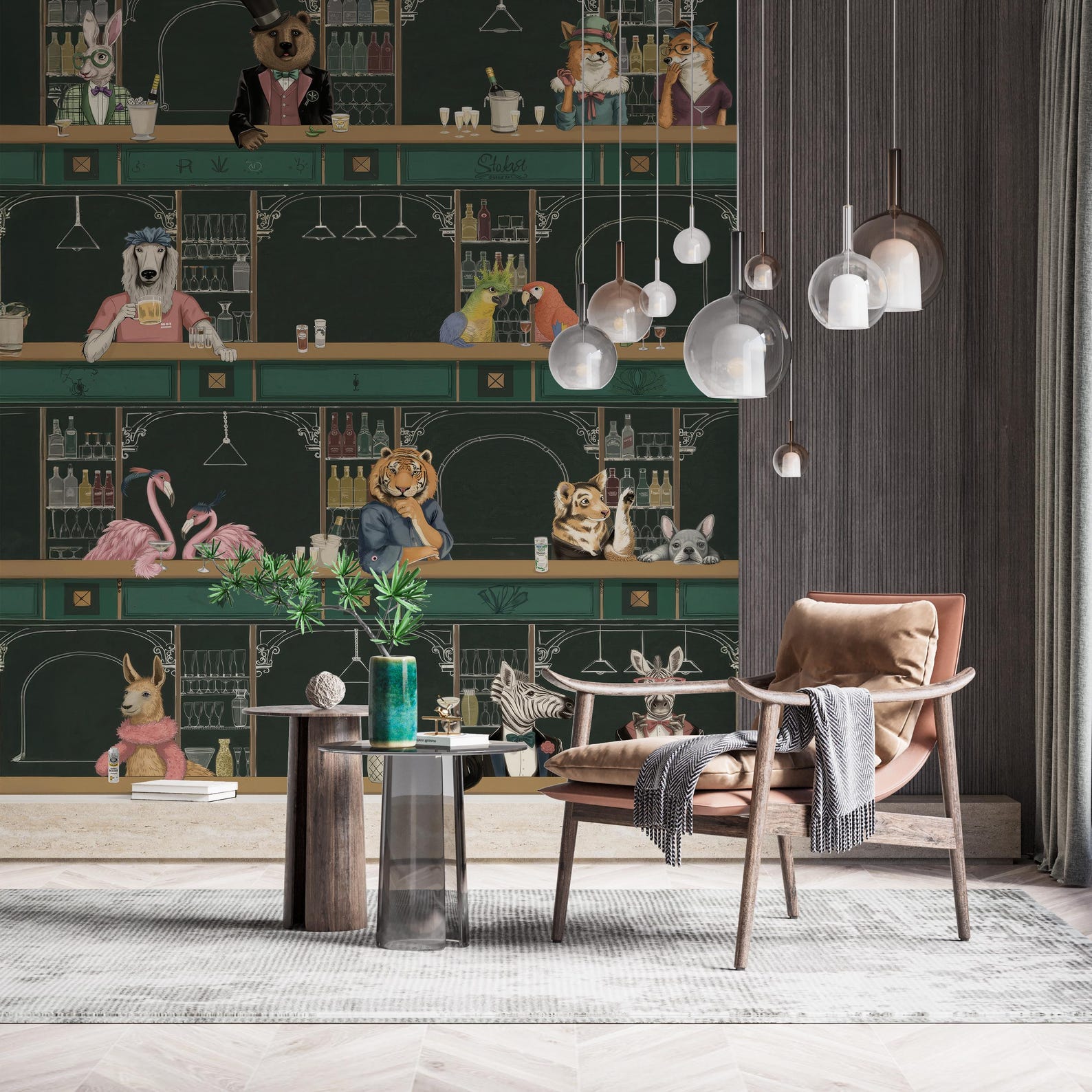 Art Deco Animal Cocktail Bar Wallpaper Mural, Whimsical Accent Wall - Etsy