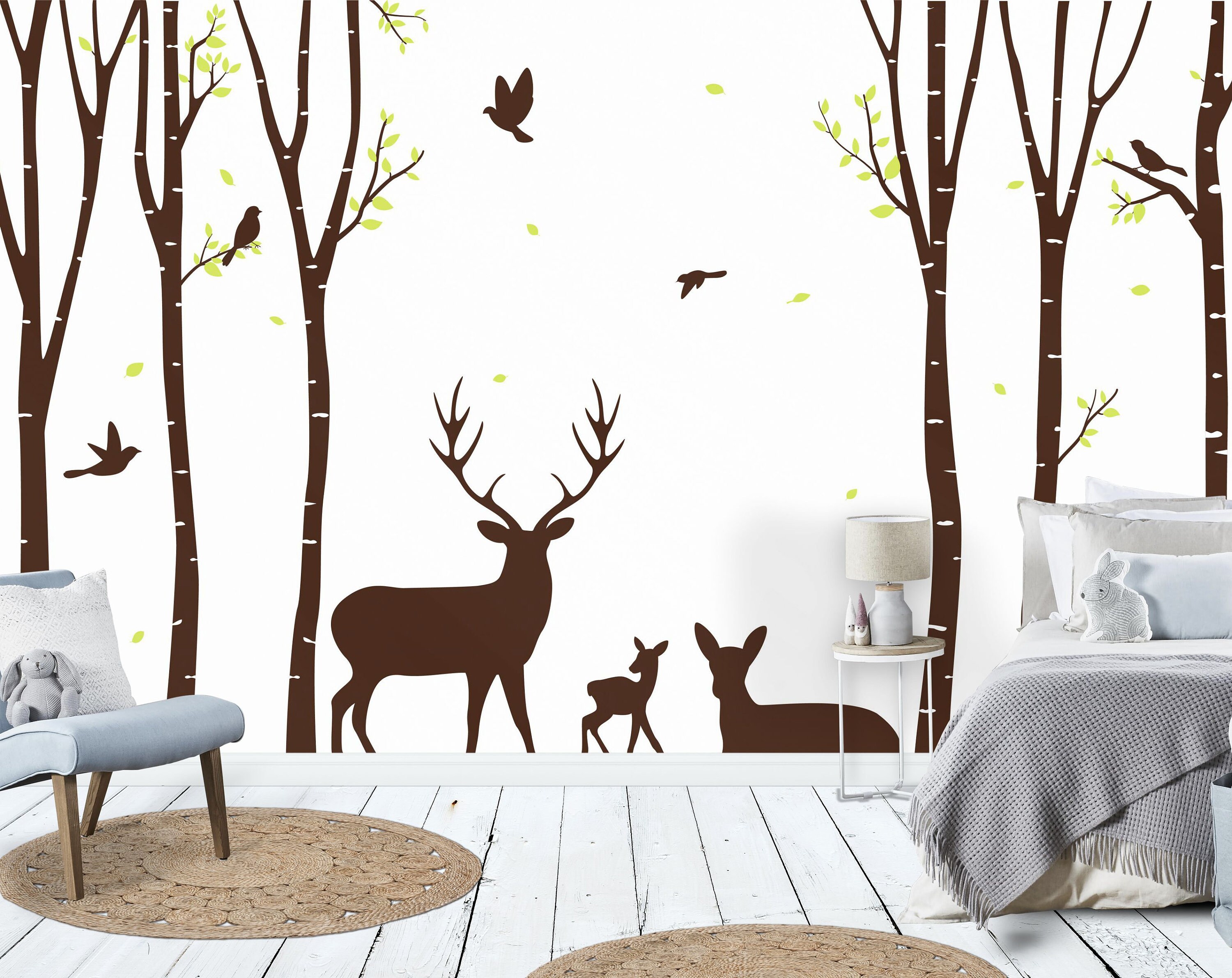 Birch Tree Deer Wall Mural: Peel and Stick Fabric Decal - Etsy