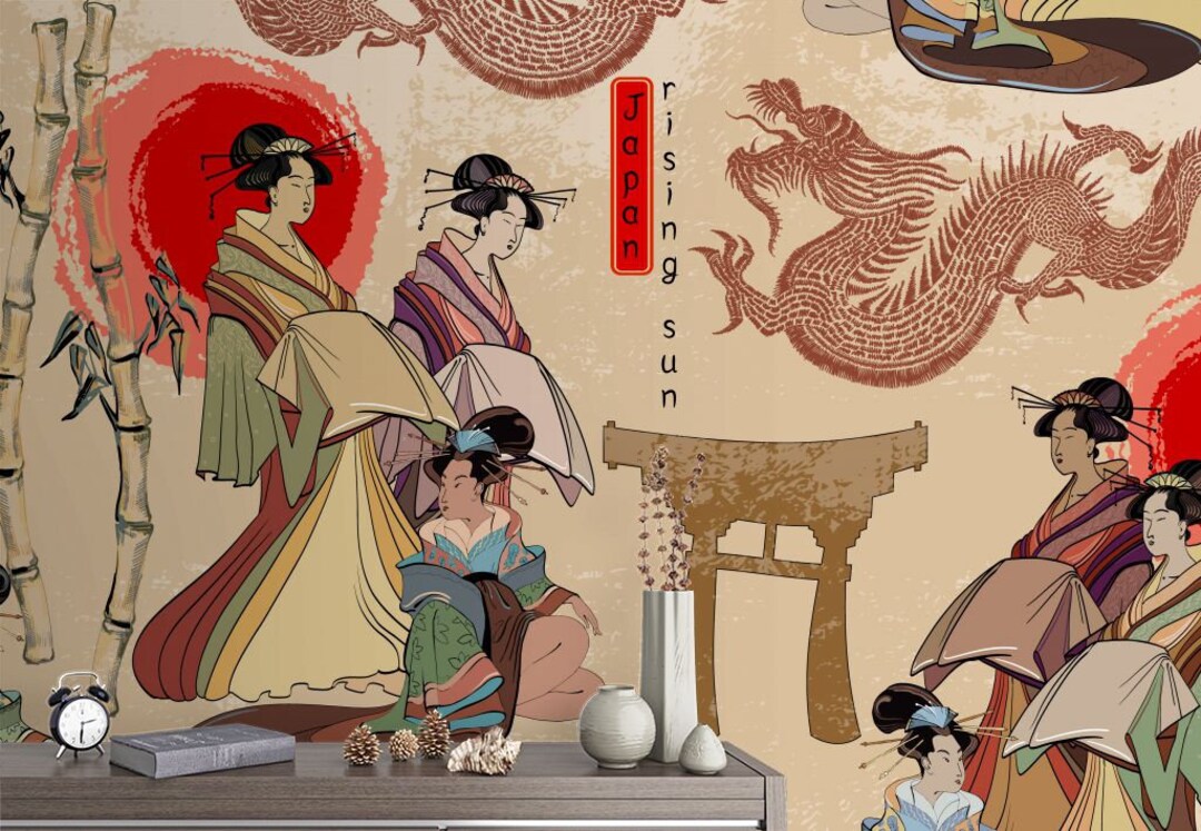 Fabric Peel and Stick Japanese Culture Geisha and Dragons Red Sun ...